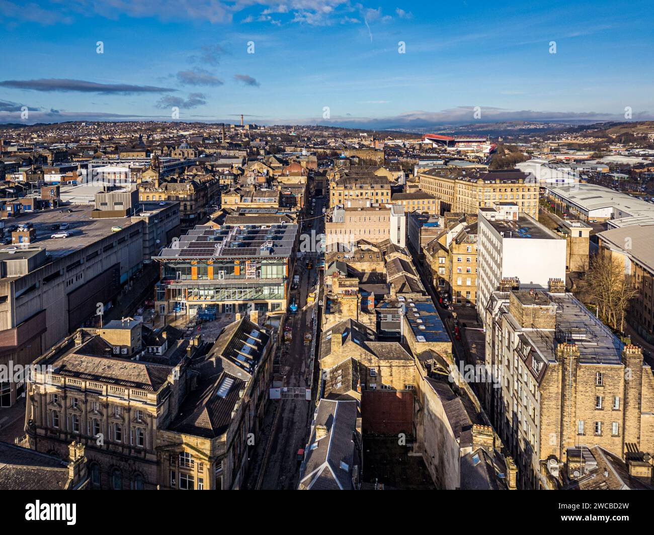Aerial view over Bradford City Centre, West Yorkshire, including office ...