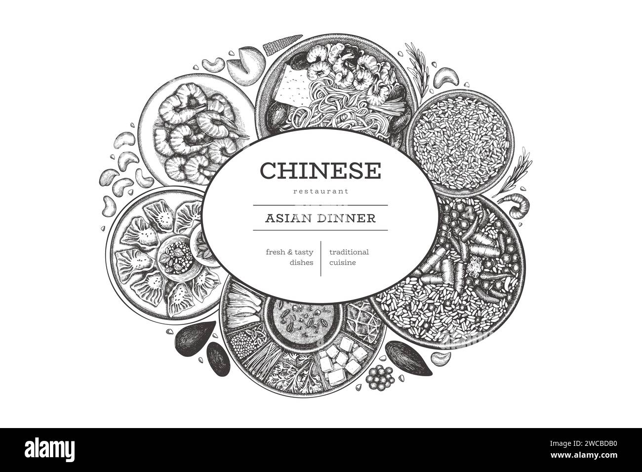 Chinese Cuisine Design Template. Vector Hand Drawn Asian Food Banner ...