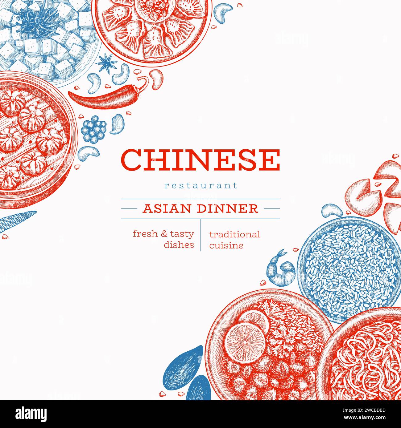 Chinese Cuisine Design Template. Vector Hand Drawn Asian Food Banner ...