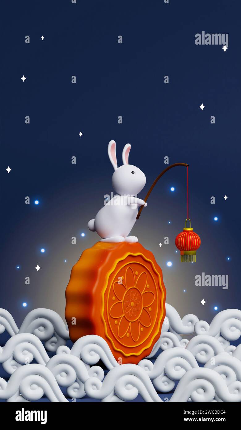 3d Rabbit holding lanterns on baked mooncake on night background ...
