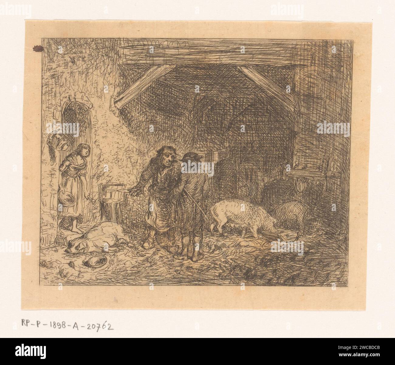 Two butchers in a pigsty, Charles Emile Jacque, 1844 print paper ...