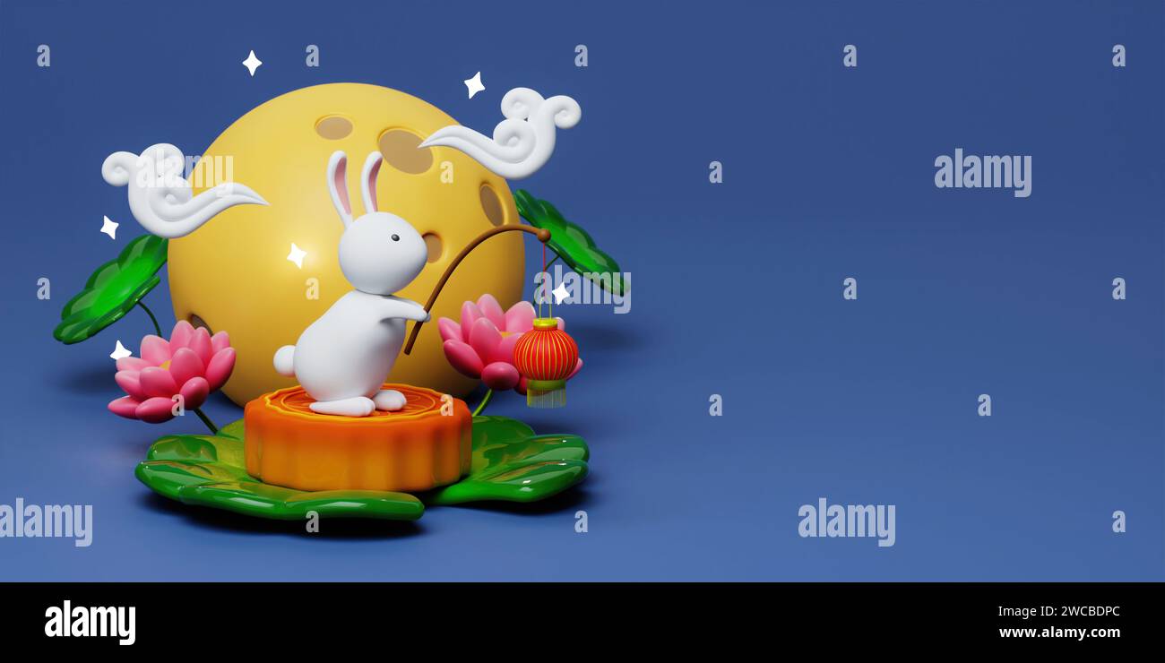 3d Rabbit holding lanterns on baked mooncake with lotus, full moon on ...