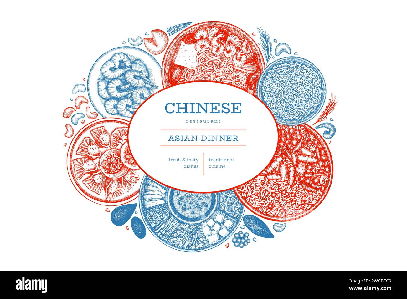 Chinese Cuisine Design Template. Vector Hand Drawn Asian Food Banner ...