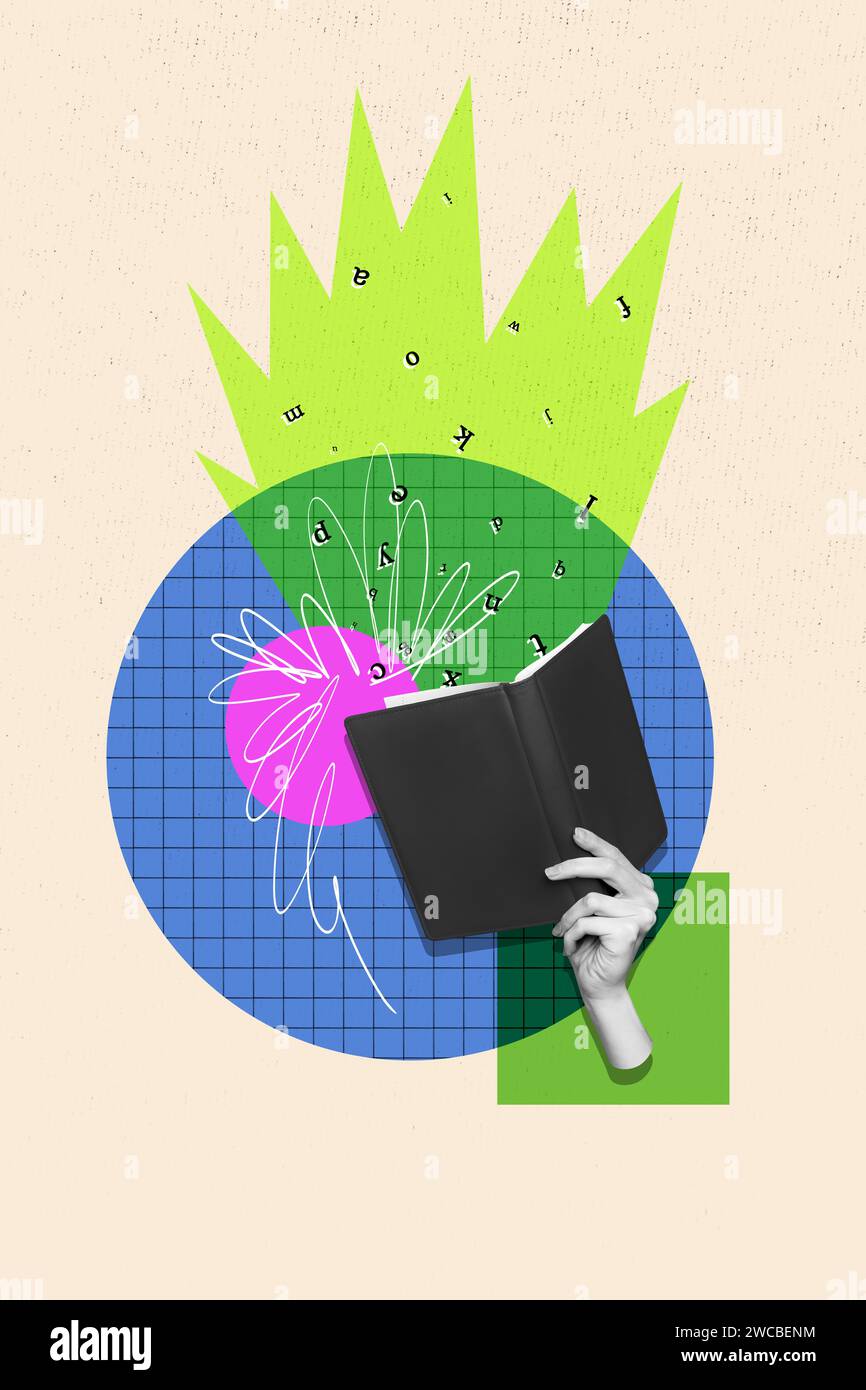 Vertical photo collage sketch picture of human arm hold book read ...