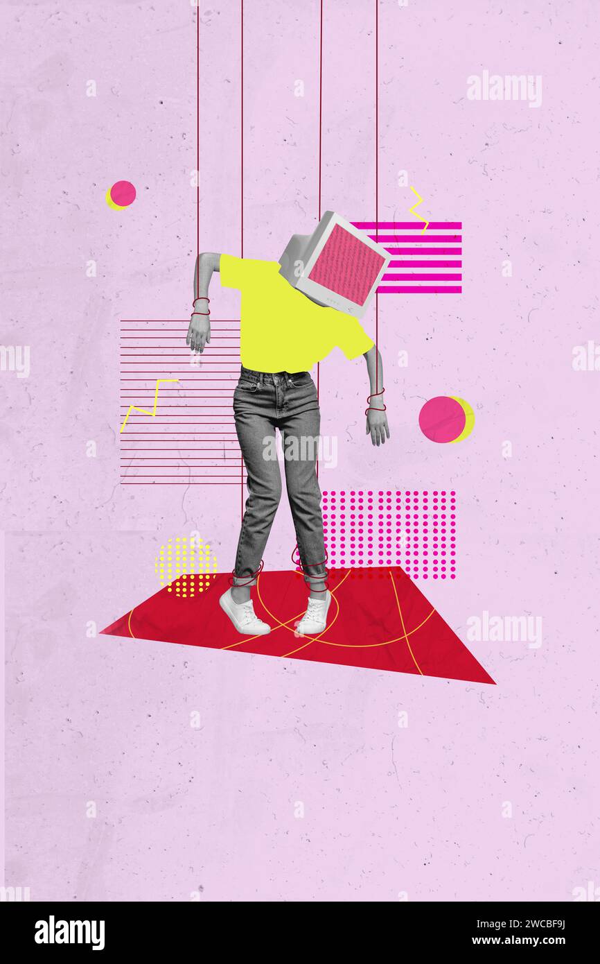 Vertical collage picture young standing woman headless monitor screen ...