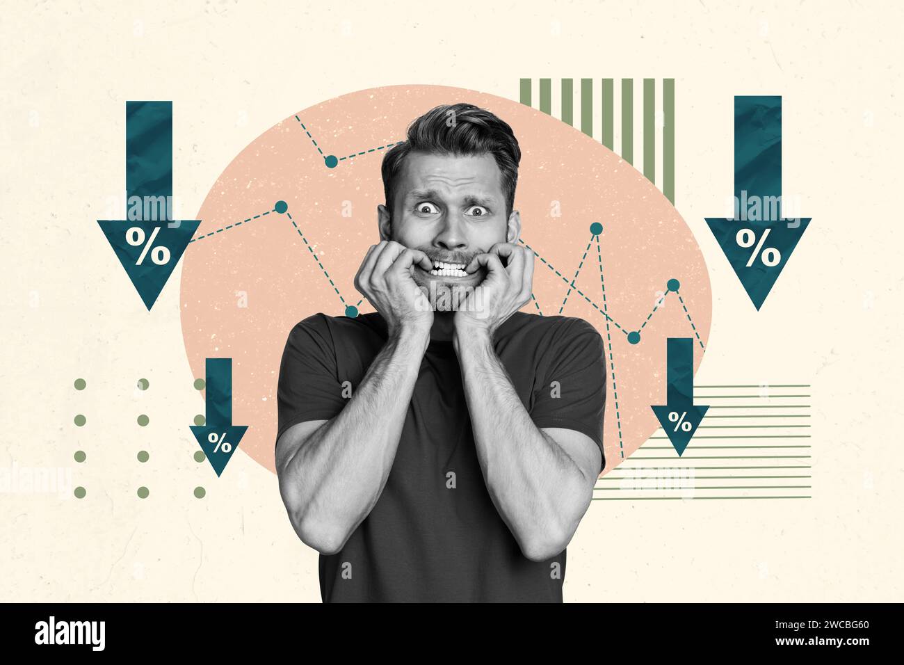 Photo collage young man entrepreneur stressed panic despair falling currency money inflation ...