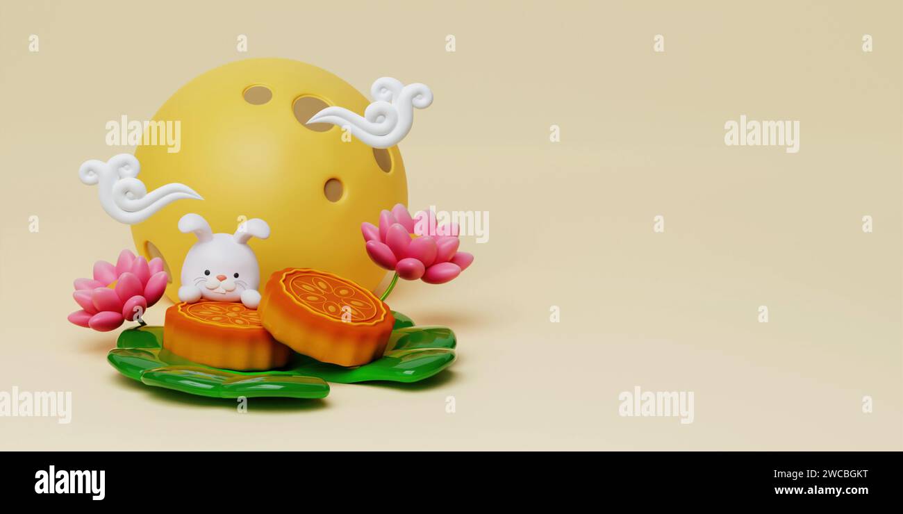 3d cute rabbits on baked mooncake with lotus and full moon on yellow ...