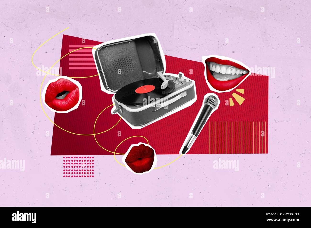 Photo image collage retro vintage gramophone vinyl plate music player ...