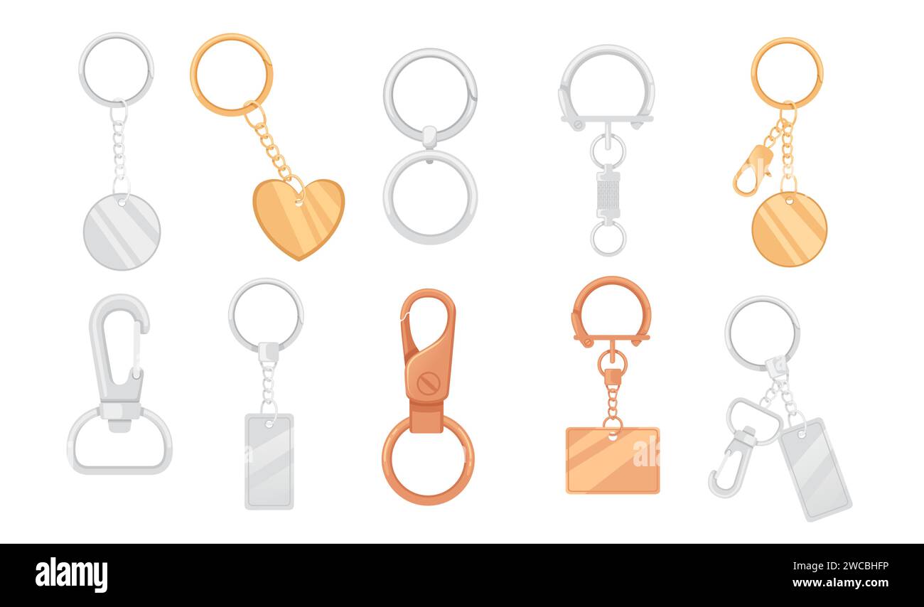 Set of metal keychain with ring and chain vector illustration isolated ...