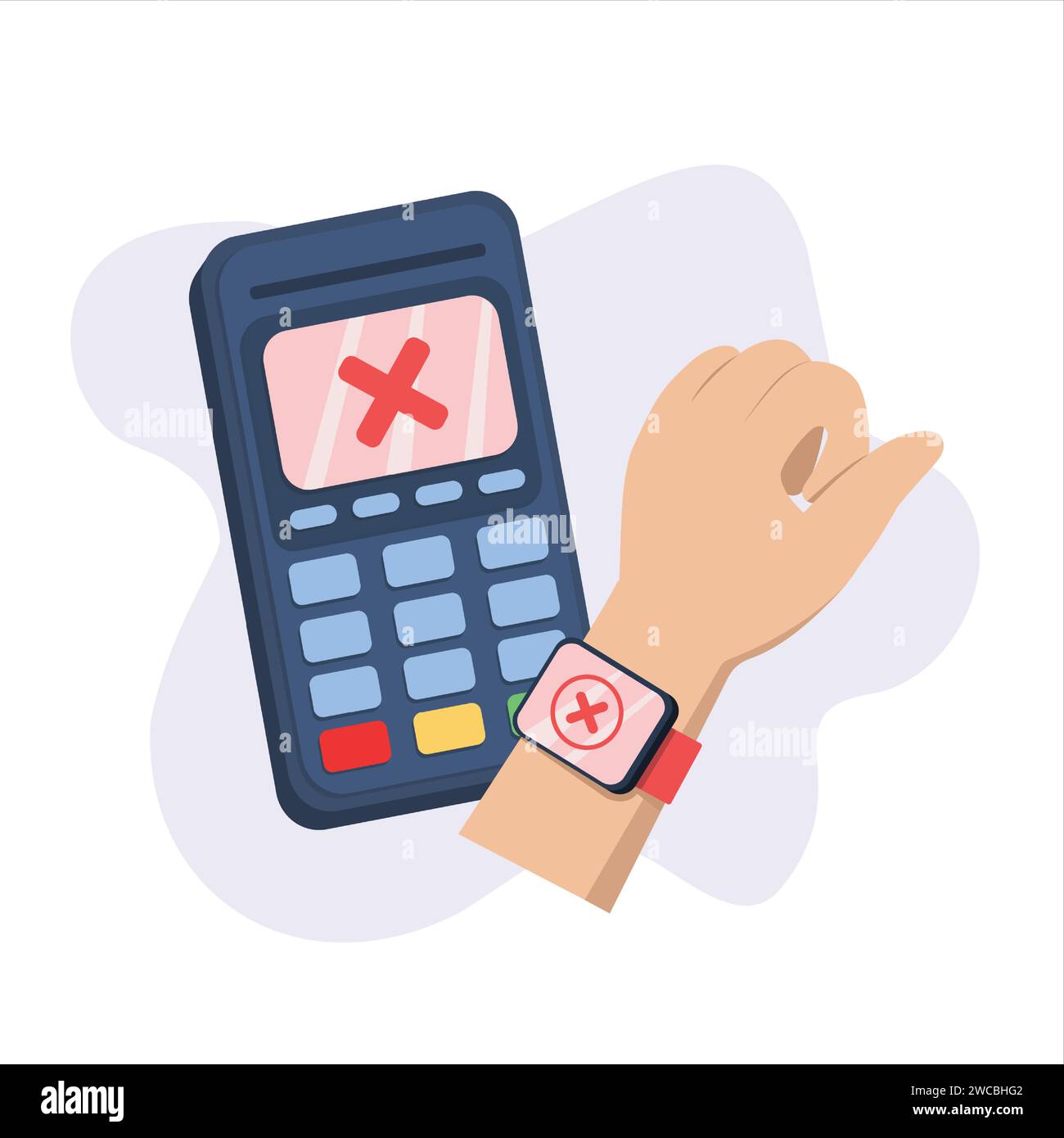 Contactless cashless payment with virtual credit card on smartwatch reject sign. Hand paying ...