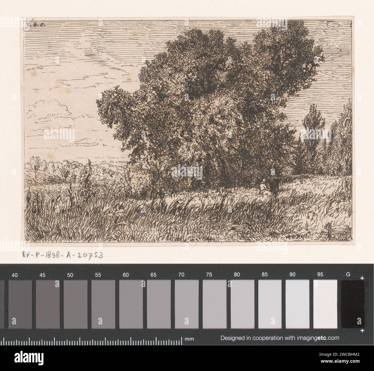 Landscape with two figures by a tree, Charles Emile Jacque, 1844 print ...