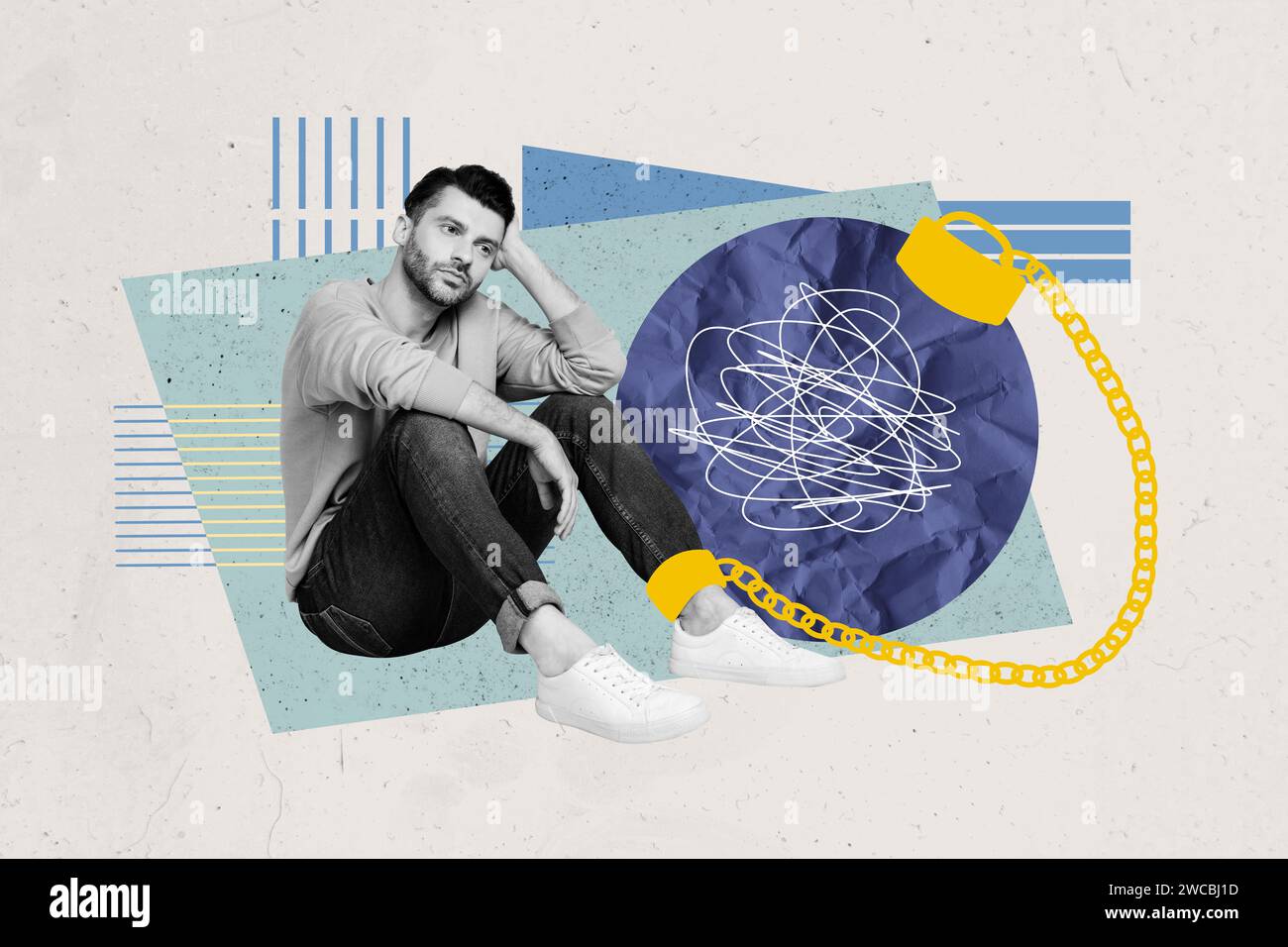 Photo collage image sitting young guy depressed despair sad feeling ...