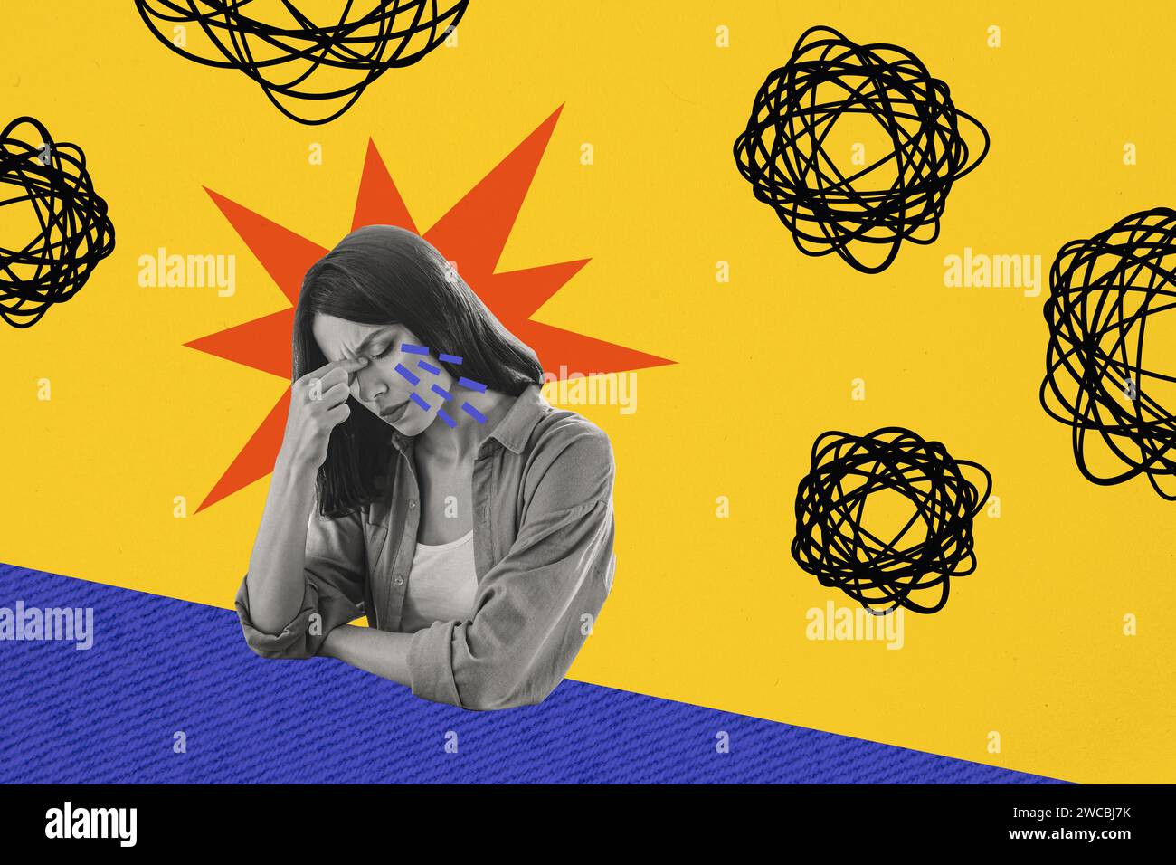 Horizontal pop composite photo collage with young crying depressed ...