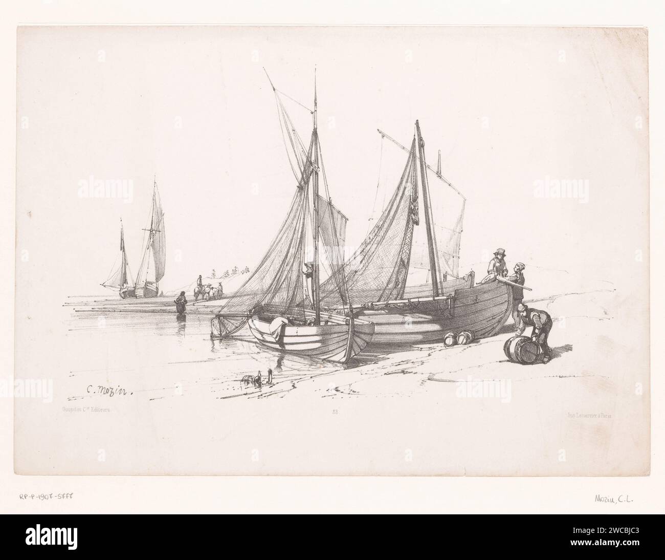 Sailing ships on the beach, Charles Louis Mozin, 1850 - 1884 print ...