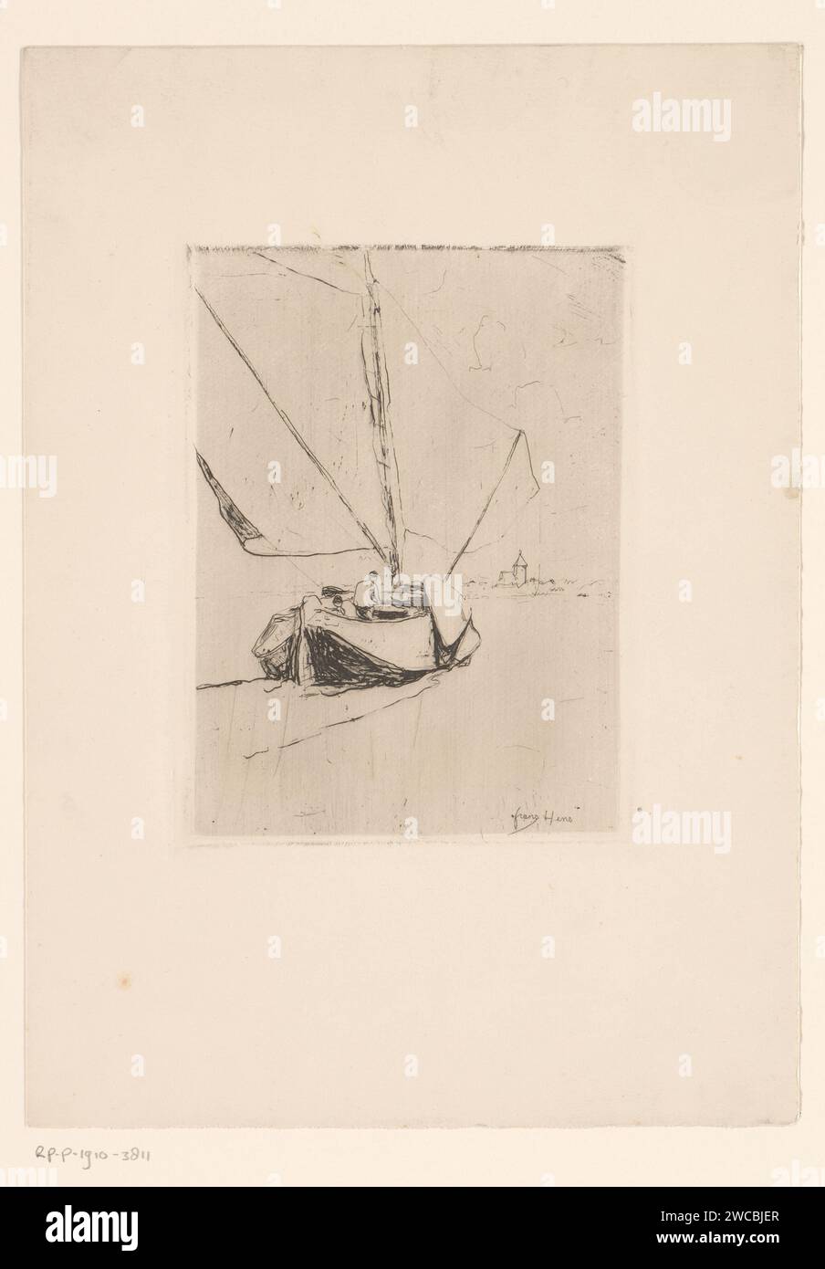 Sailing ship with swords on the water, Frans Hens, 1866 - 1910 print ...