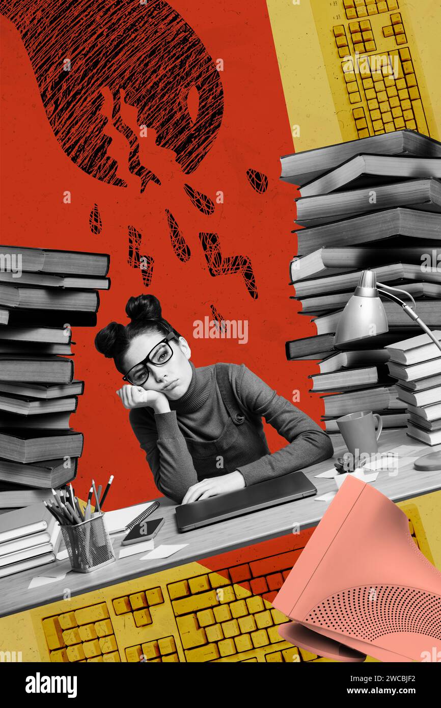 Vertical creative collage poster sitting bored young girl worker ...