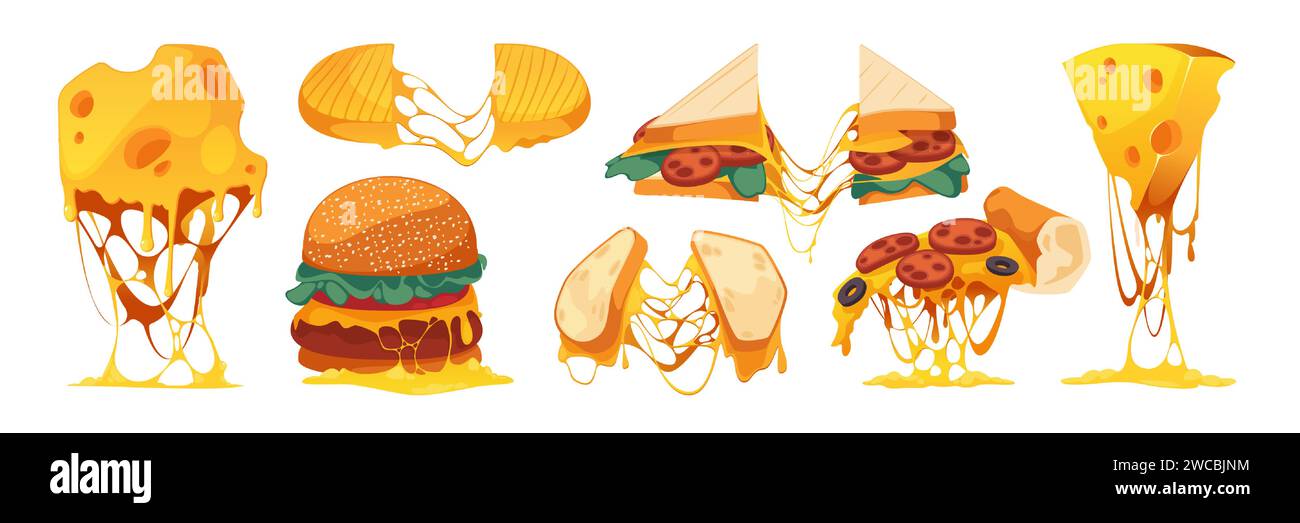 Melted cheese sandwich. Cartoon stretched mozzarella with grilled ...