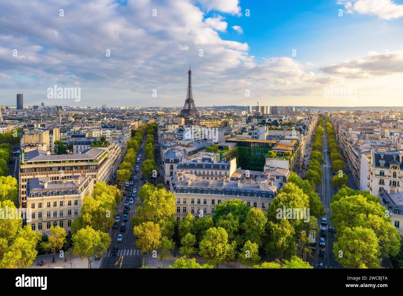 Aerial view of Paris with Eiffel Tower and Champs Elysees from the roof of the Triumphal Arch ...