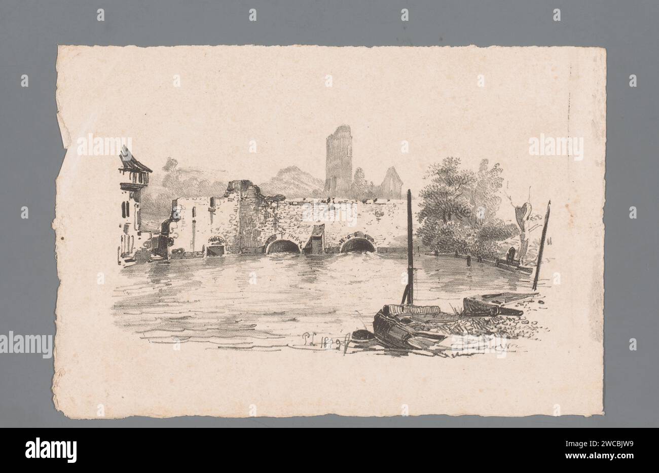 Landscape with buildings and water running through two tunnels, Paulus ...