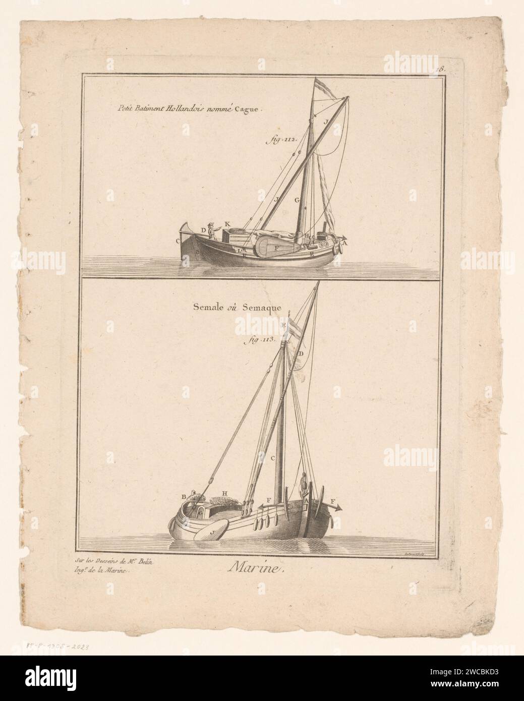 Two naval ships, Lachussée, After Belin, 1700 - 1750 print Numbered at ...