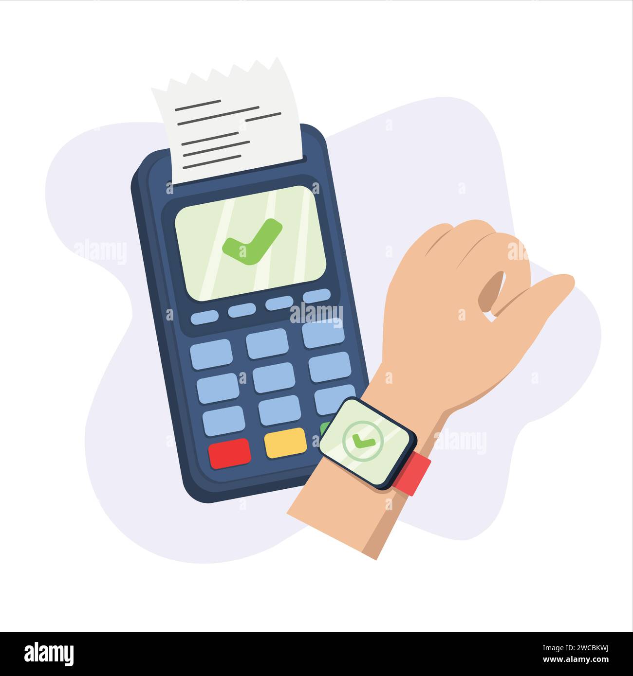 Contactless cashless payment with virtual credit card on smartwatch. Hand paying approve success ...