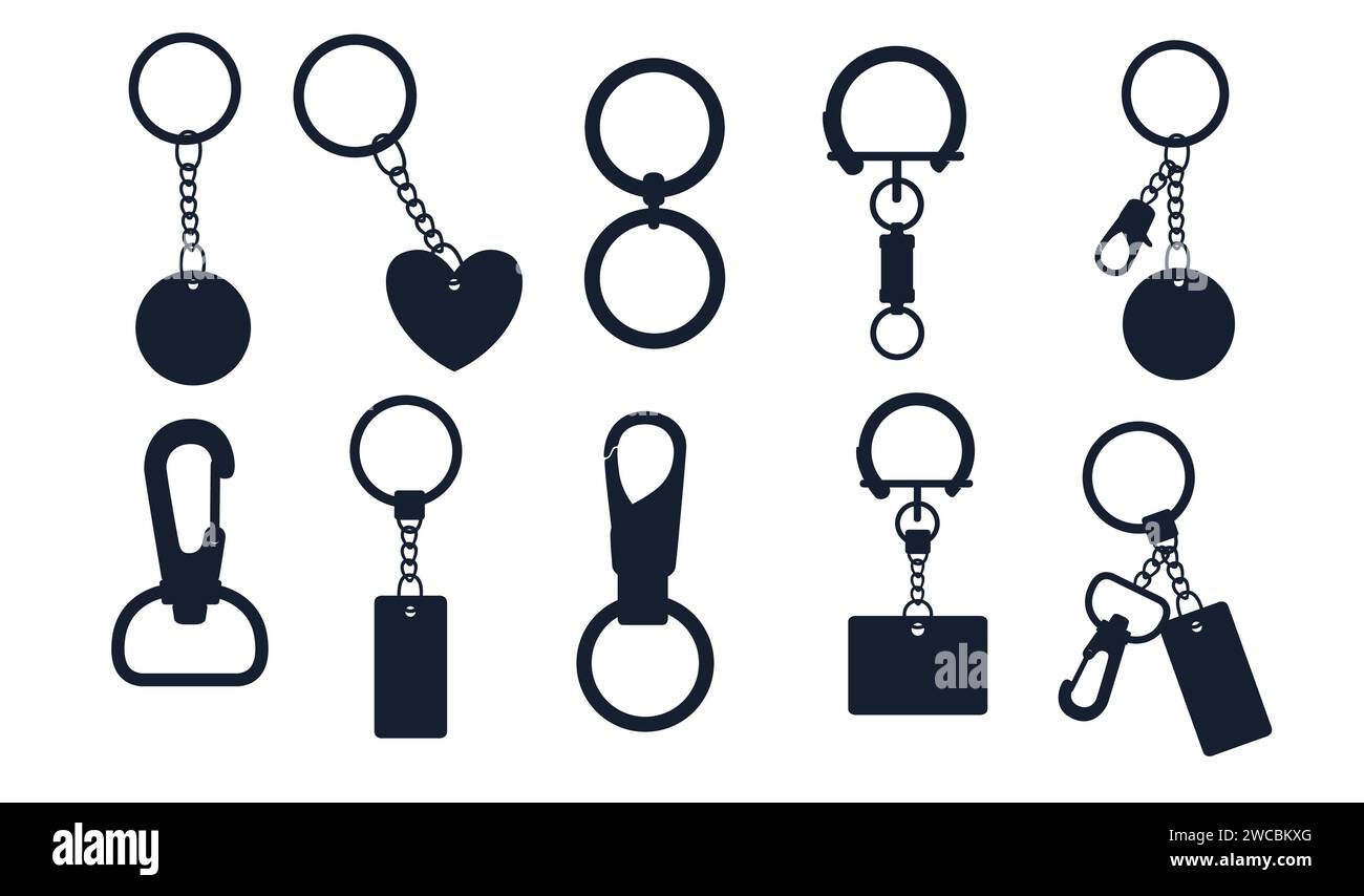Black silhouette set of metal keychain with ring and chain vector ...