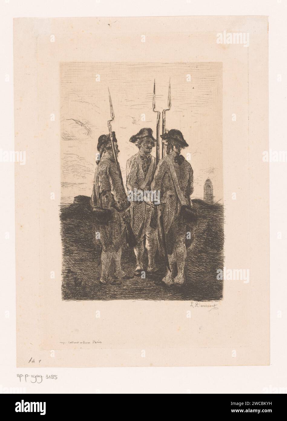 Three soldiers on watch with the bayonet on the rifle, Léon Marie ...