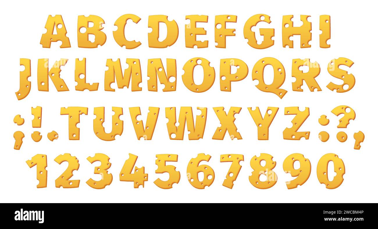 Cheese typography. Cartoon whole letters of delicious snack food ...
