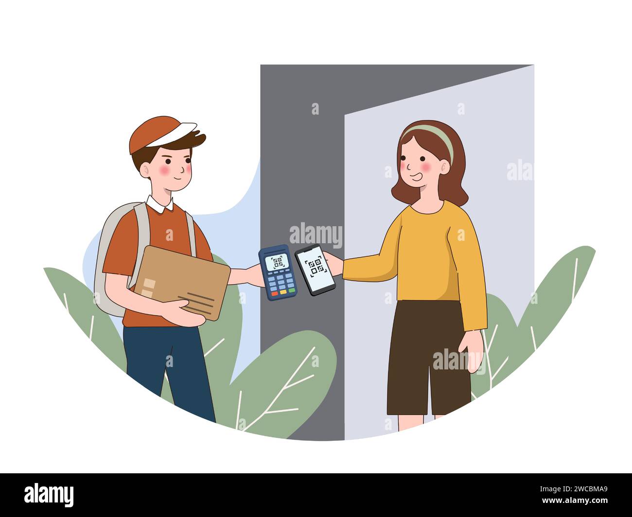 Woman client pay by scan qr code to courier delivering package by post ...