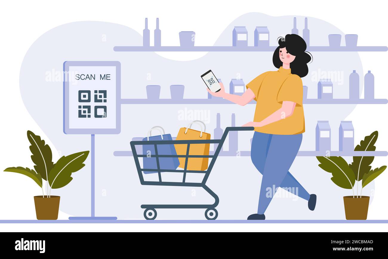 Cashless payment system. woman use mobile cashless payment system or scan qr code. Characters ...