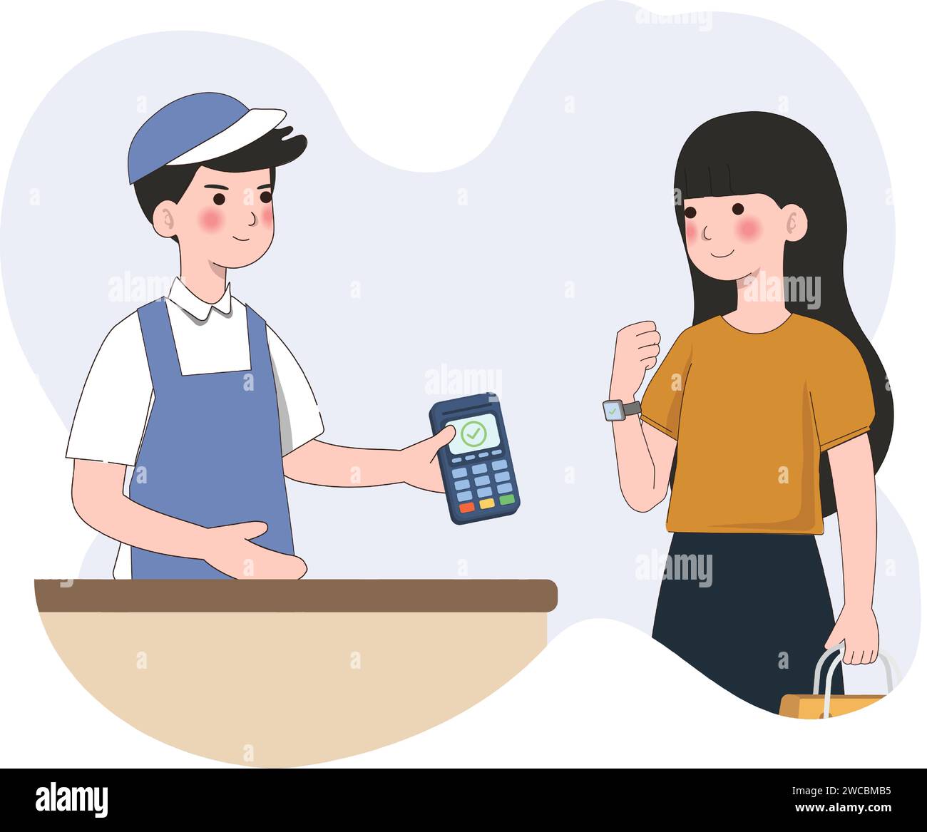 Customer use mobile cashless payment system or scan qr code. Characters using virtual credit ...