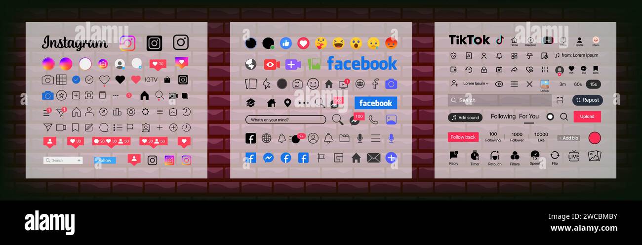 Instagram, Tik Tok, Facebook button icon. Set screen social media and social network interface ...