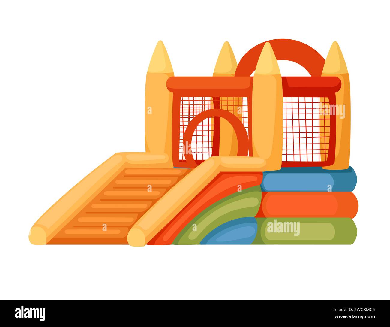 Bouncy inflatable castle with tower and safety net vector illustration ...