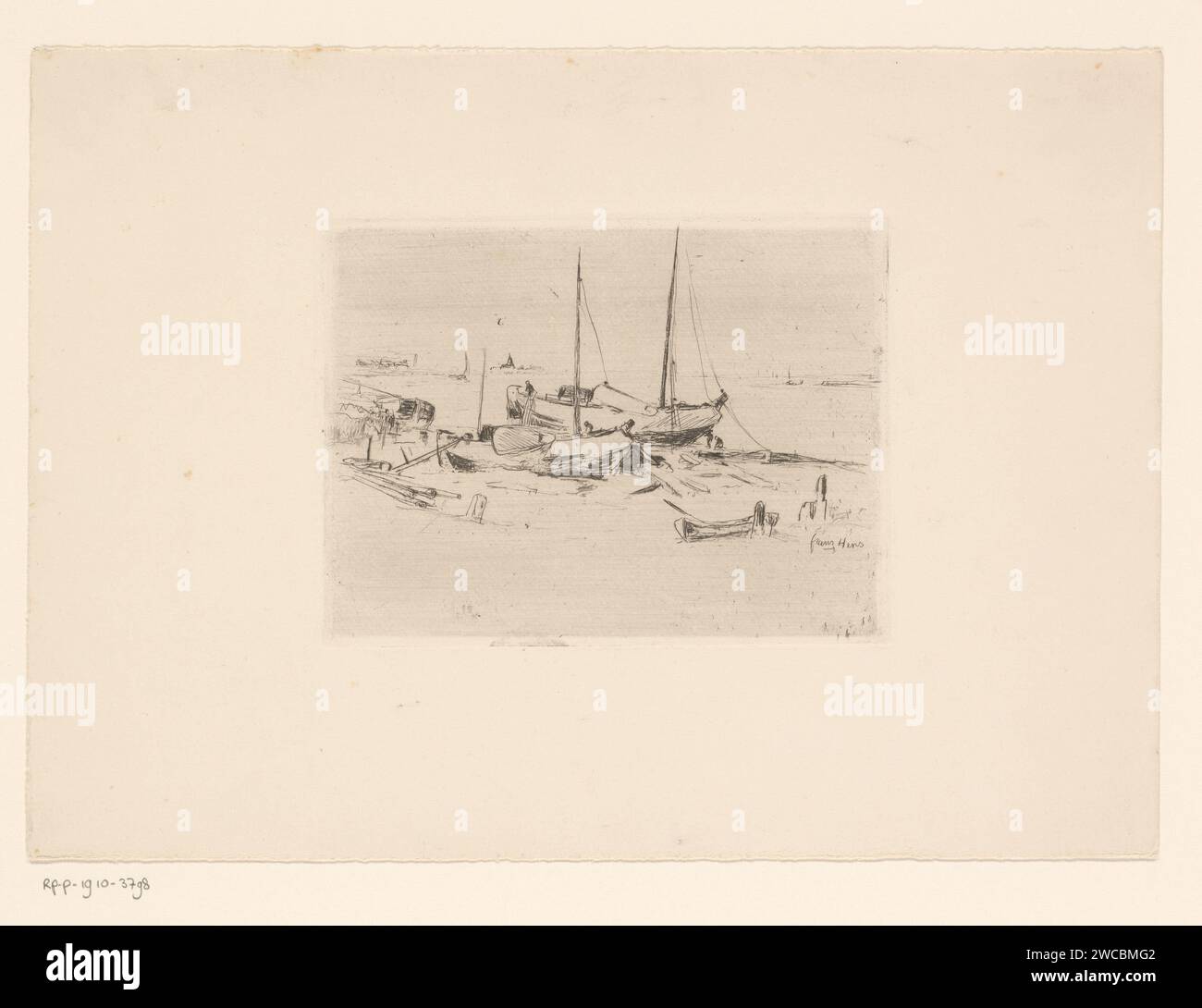 Two ships with swords on the beach, Frans Hens, 1866 - 1910 print paper ...