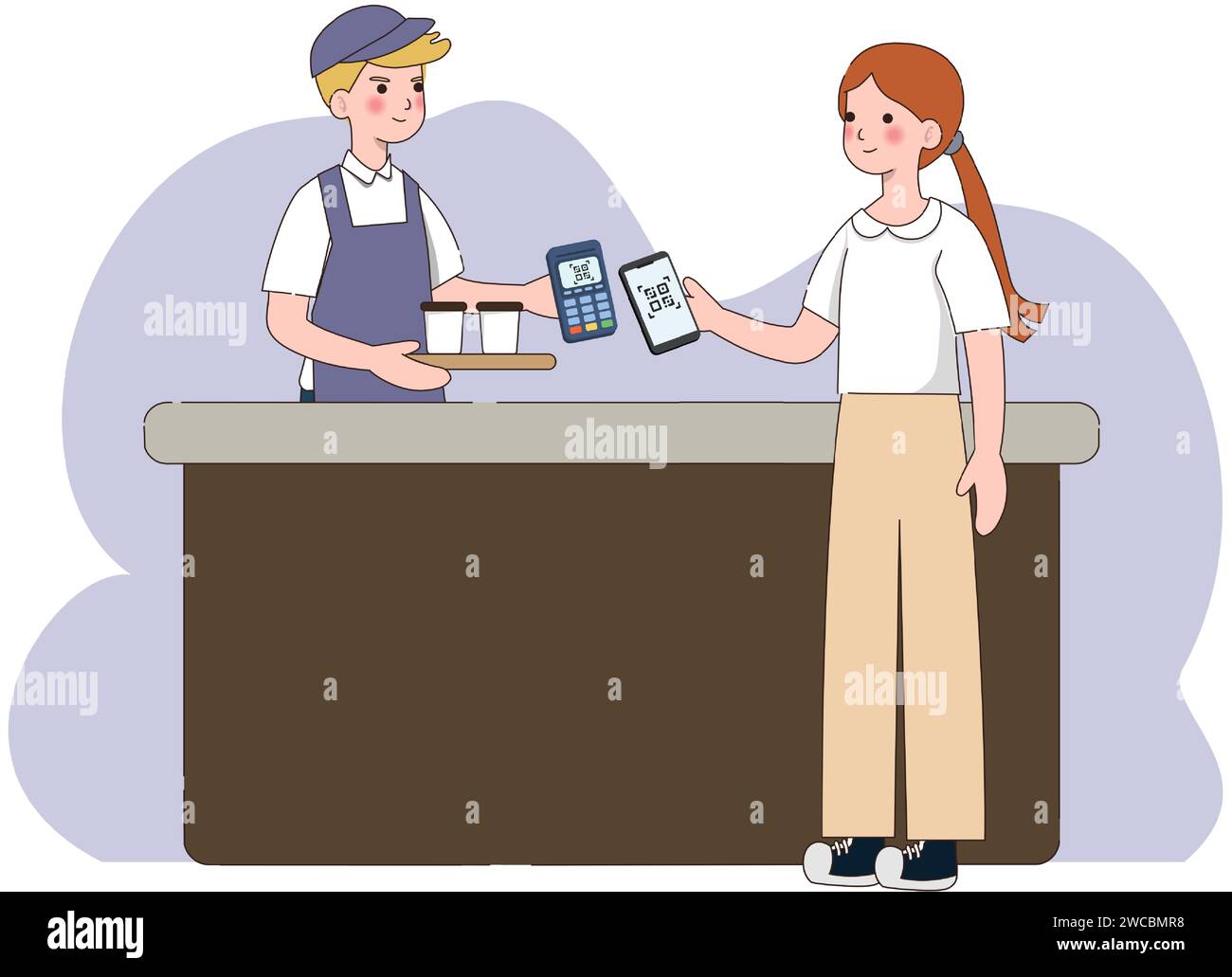 Customer use mobile cashless payment system or scan qr code. Characters using digital banking ...
