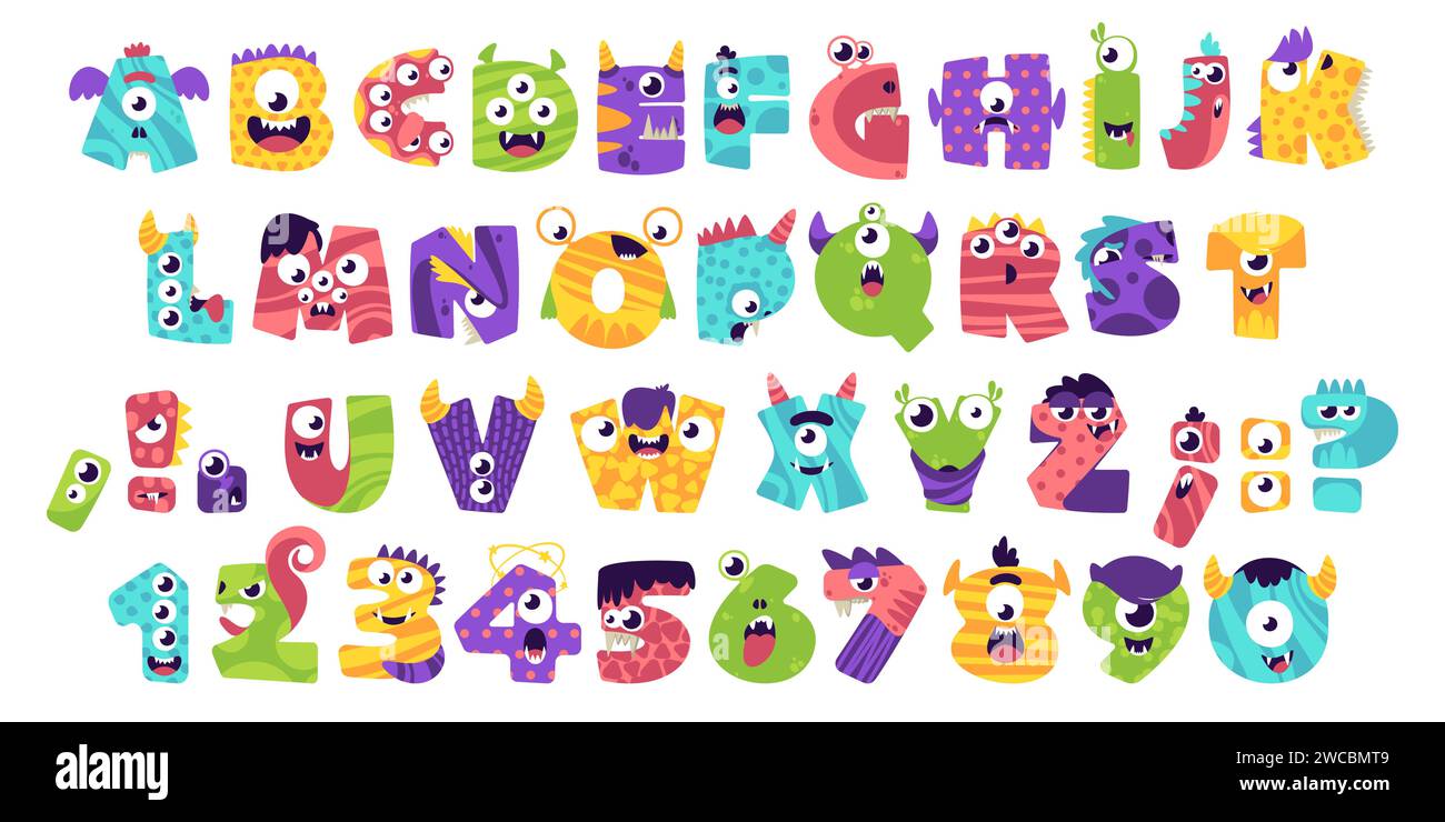 Monster alphabet. Cartoon prehistoric animals typeface for poster design, kindergarten alphabet ...