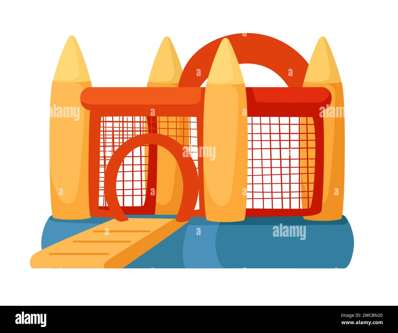 Bouncy inflatable castle with tower and safety net vector illustration ...