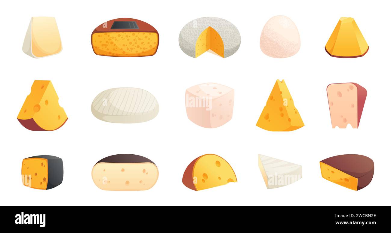 Cartoon different cheese. Cheese slices and blocks flat style, dairy ...