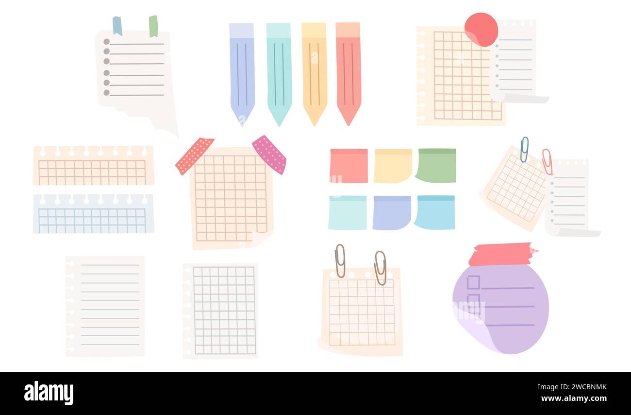 Set of color note paper with clip or sticky remember page vector ...
