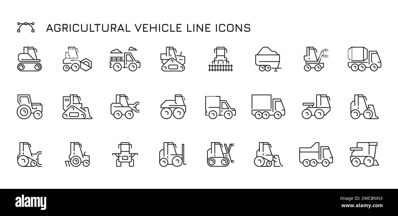 Agriculture vehicle line icons. Farm transport equipment, agriculture ...