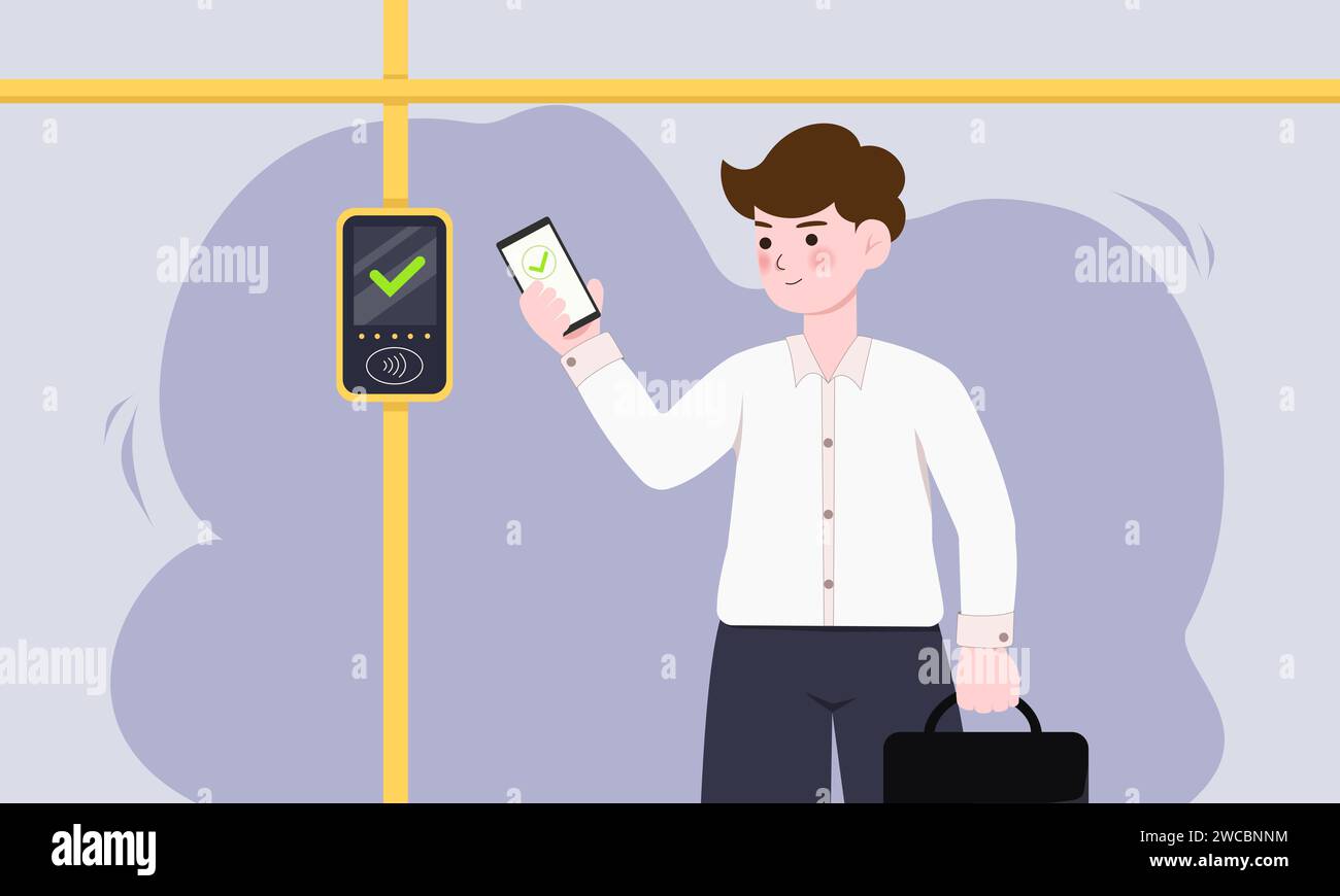 Contactless payment service for ticket vector illustration. Cartoon man ...