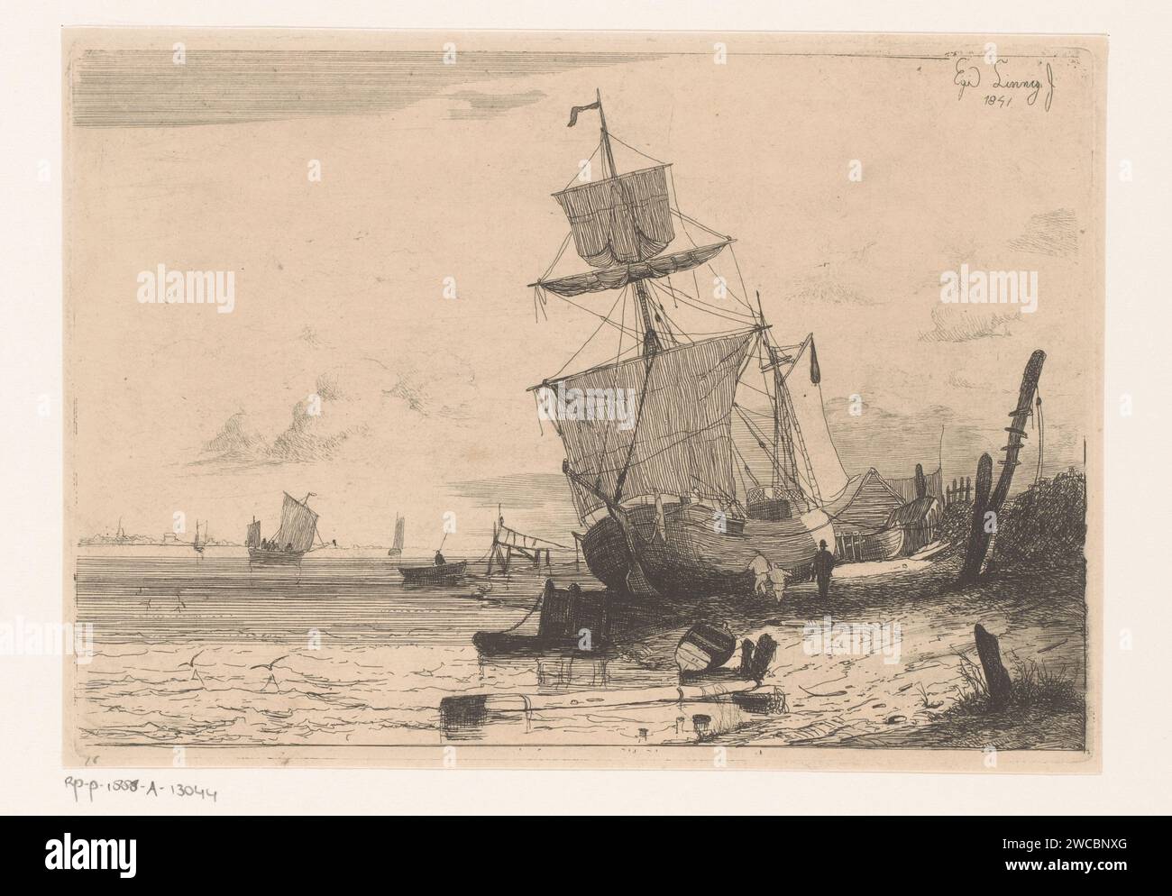 Scheepstimmerwerf in Flanders, Egidius Linnig, 1841 print paper etching ...