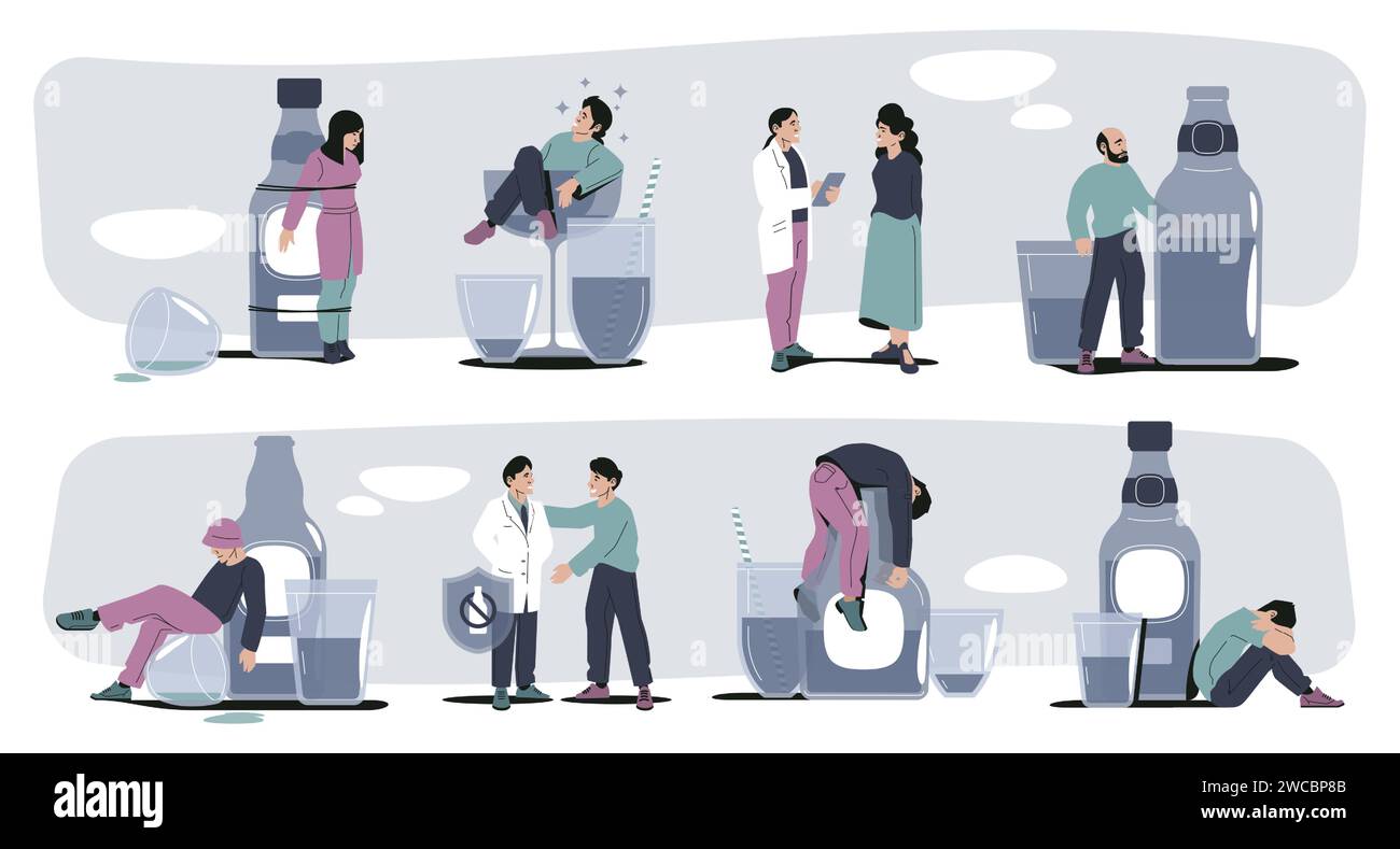 Alcohol abuse people. Cartoon drunk man and woman, alcohol addiction ...