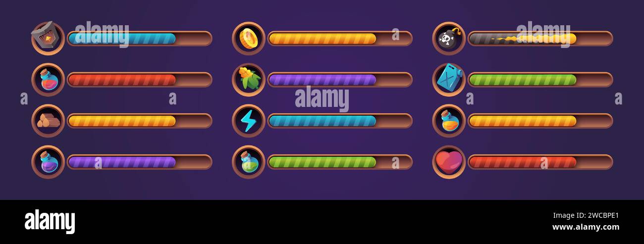 Game health bar. UI asset for video game, energy indicator for mobile web and desktop, potion ...