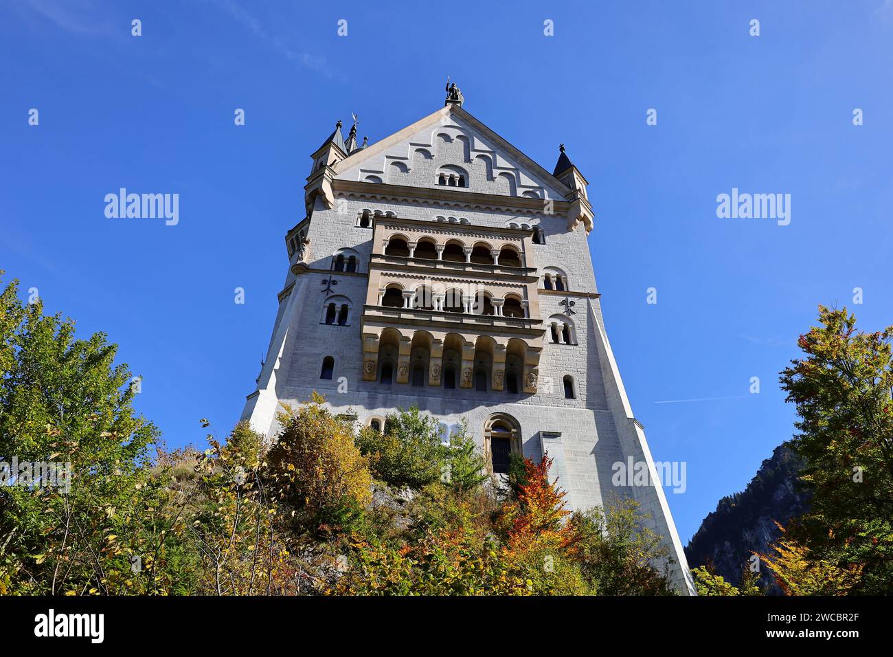 Neuschwanstein Castle is a 19th-century historicist palace on a rugged ...