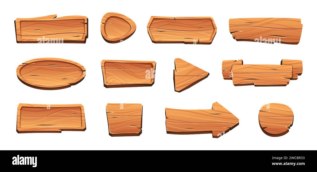 Cartoon game wooden ui elements. Horizontal banner and round panel with ...