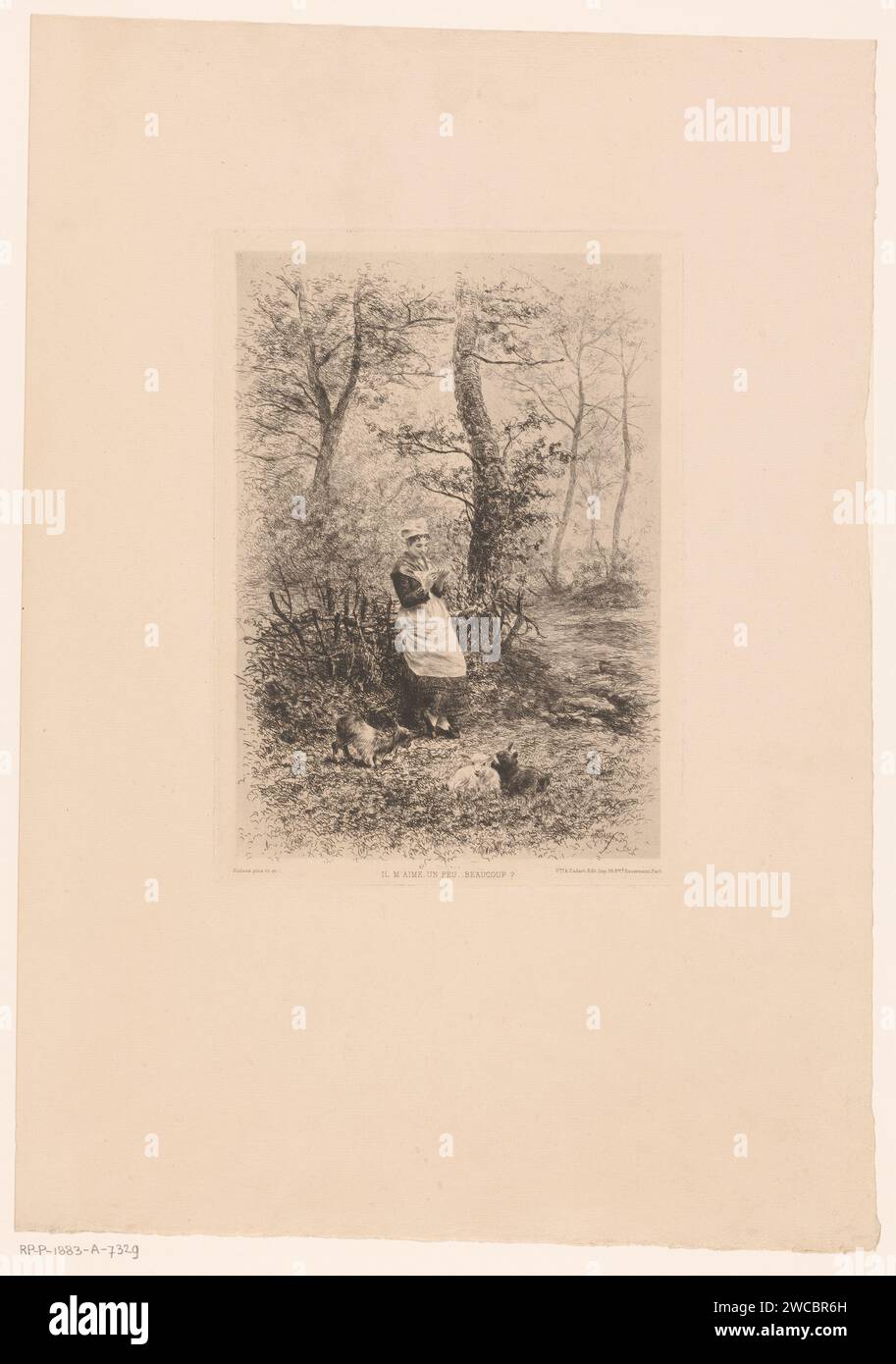 Forest landscape with three young goats and a farmer's wife who picks a ...