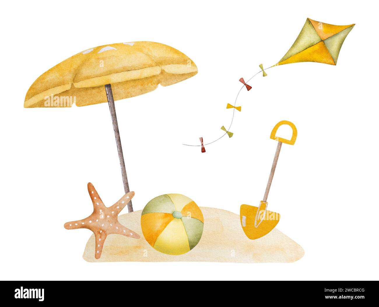 Hand-Painted Watercolor Summer Clipart Features Beach Umbrella, Sand ...