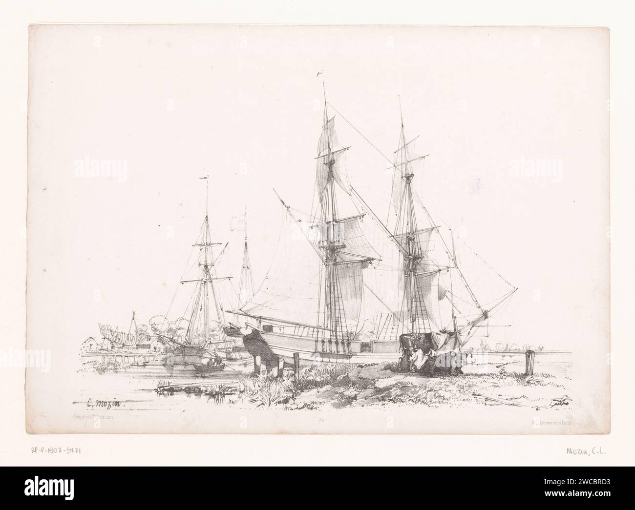 Sailing ships in the water, Charles Louis Mozin, 1850 - 1884 print ...