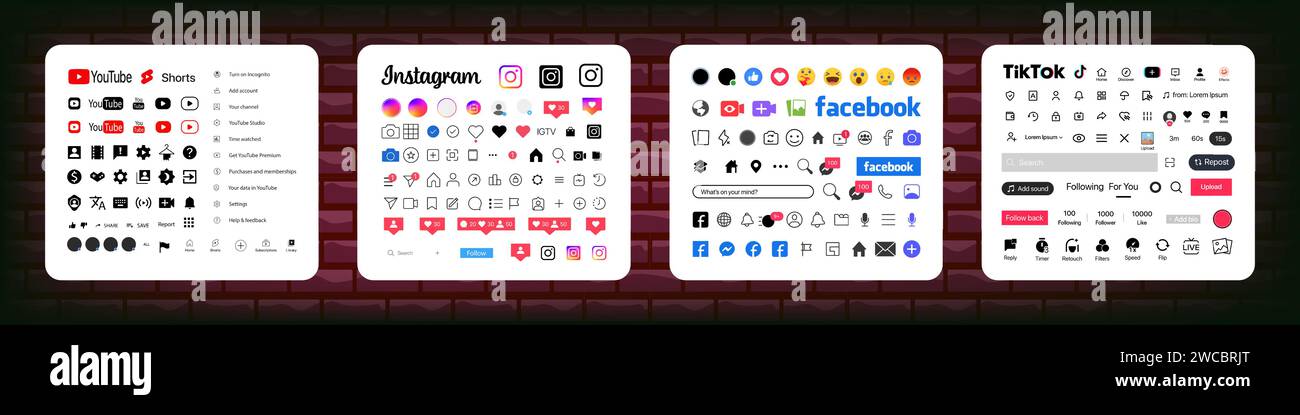 Instagram, Tik Tok, Facebook, YouTube button icon. Set screen social ...